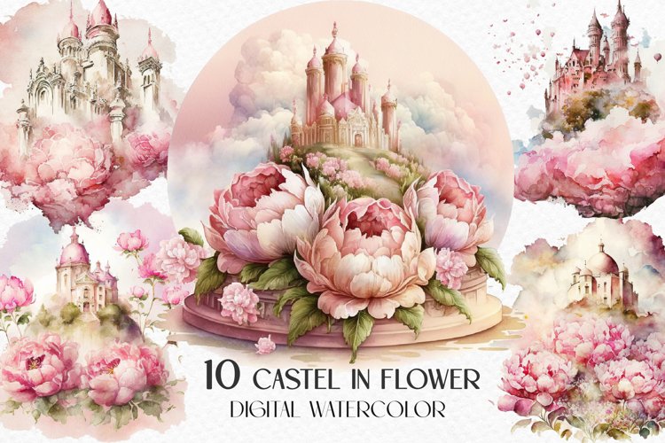 Watercolor fabulous pink castles with flowers, (2462948)
