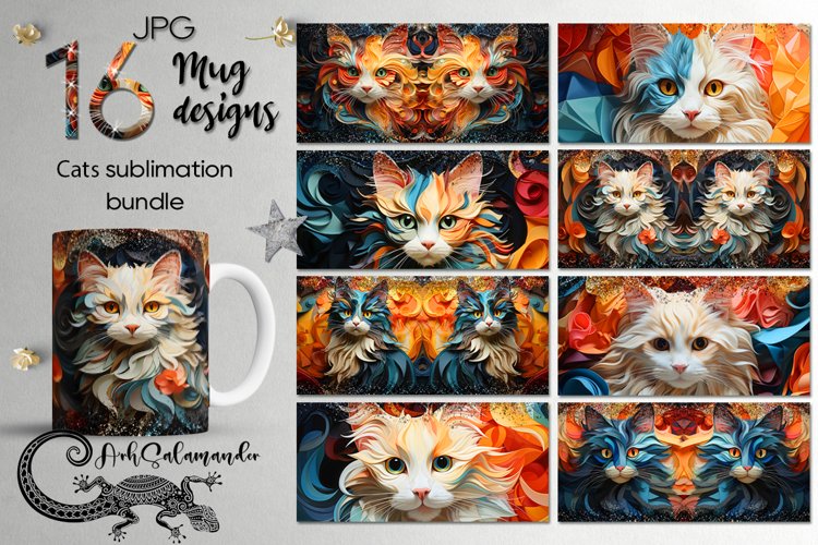 3D papercut cats | 16 papercut Sublimation Mug designs, JPG
