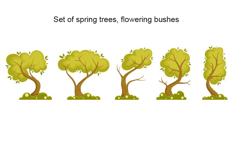 Set of spring trees, flowering bushes.