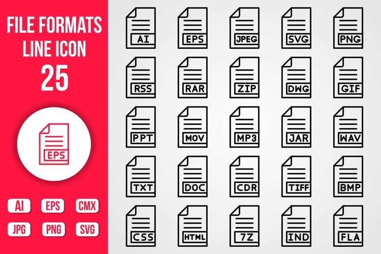25 File Formats Line Icon Set (2508006)