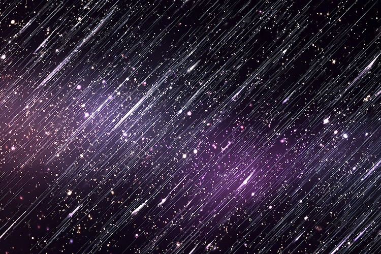 A meteor shower in the vastness of space with purple hues