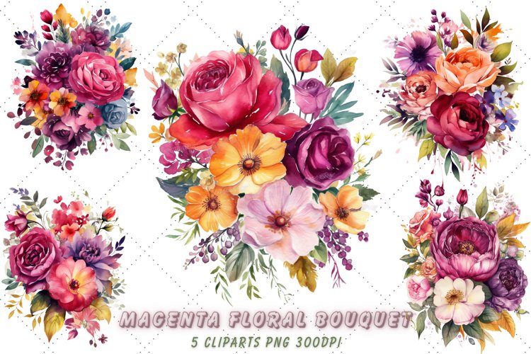 Watercolor Magenta Floral Bouquet Clipart Bundle (2533087)