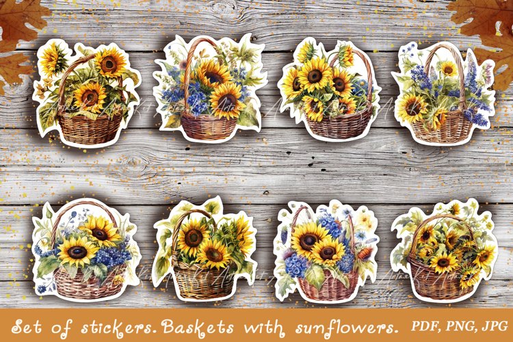 Set of stickers. Baskets with sunflowers.