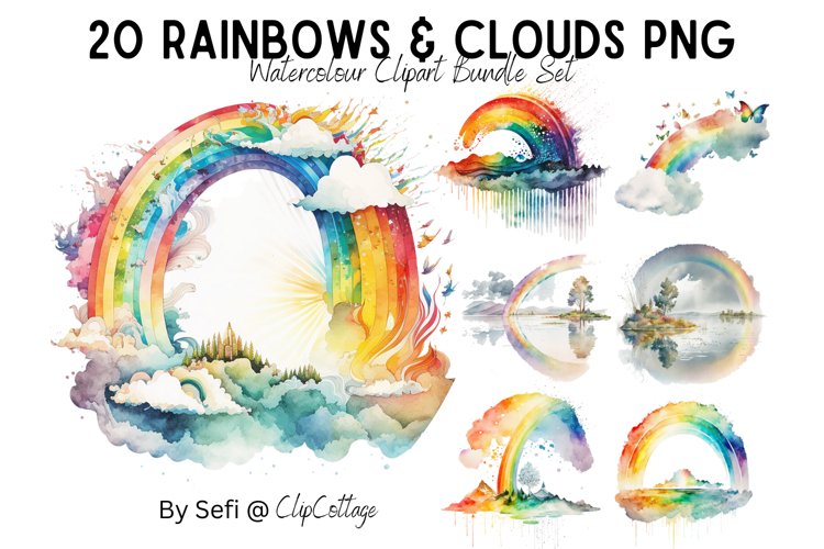 20 Rainbows & Clouds Watercolour Clipart PNG Digital Bundle