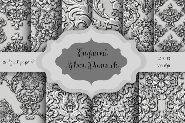 Engraved Silver Metal Damask Digital Paper