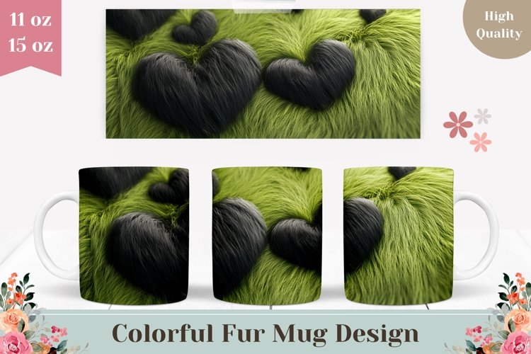 Love Hearts Mug Design, Green Fur Mug Sublimation Design