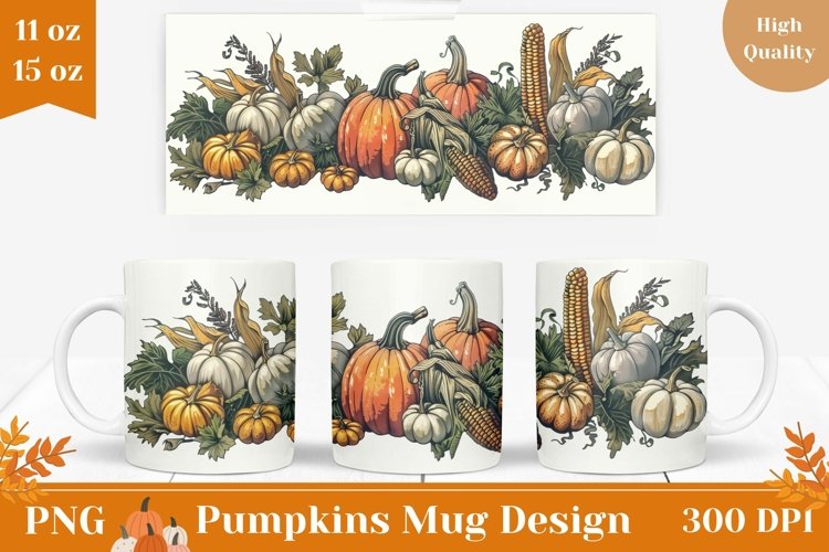 Vintage Autumn Mug Wrap Design, Harvest Pumpkin Mug Template
