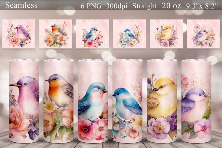 Watercolor Birds and Flowers Tumbler Sublimation Wrap Bundle