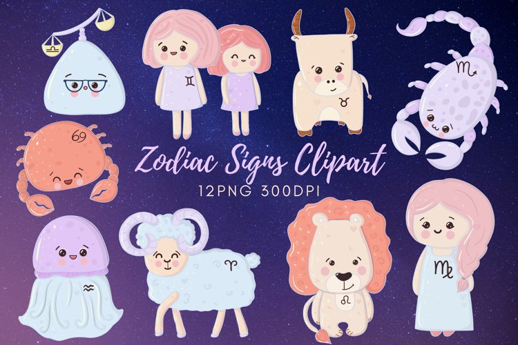 Set of high-quality hand drawn Cute Zodiac clipart 12 PNG