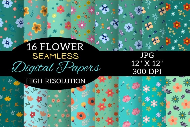 Turquoise Flower Digital Paper Patterns, Flower Digital Pape