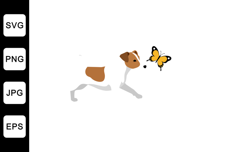 Dog chasing butterfly in playful motion with flat design sty