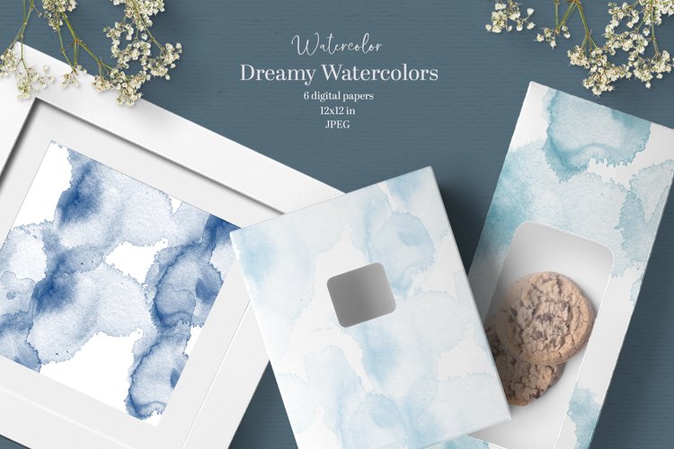 Dreamy watercolor splash digital papers in blue