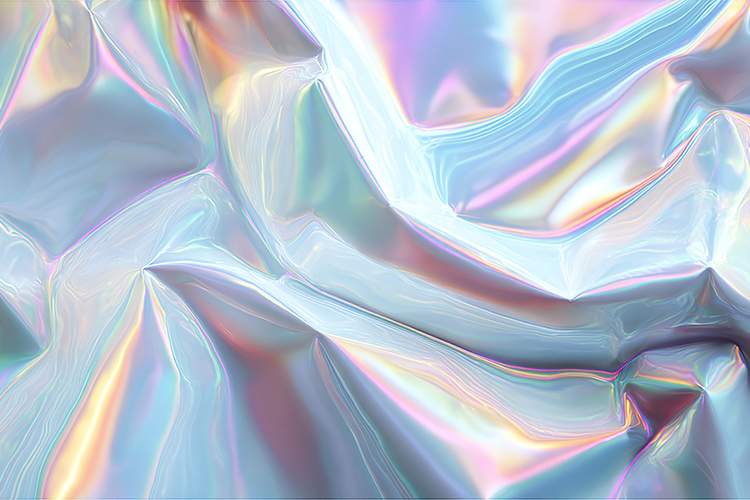 Iridescent fabric with a smooth, shiny surface and folds