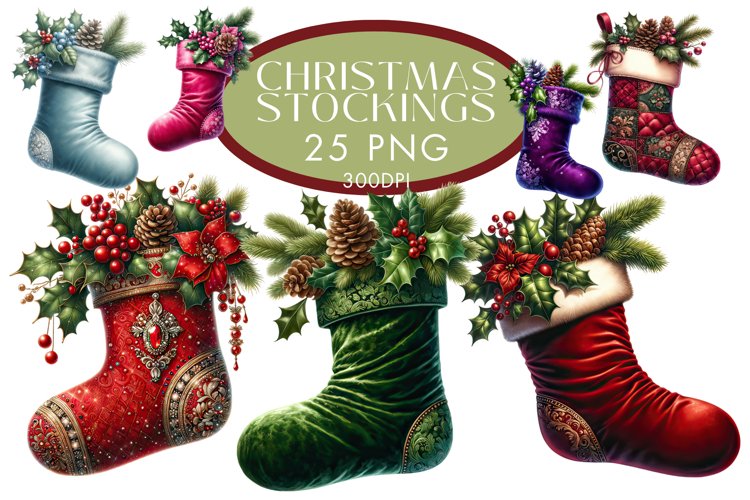 Christmas Stockings Watercolour Clipart Bundle PNG (2956948)