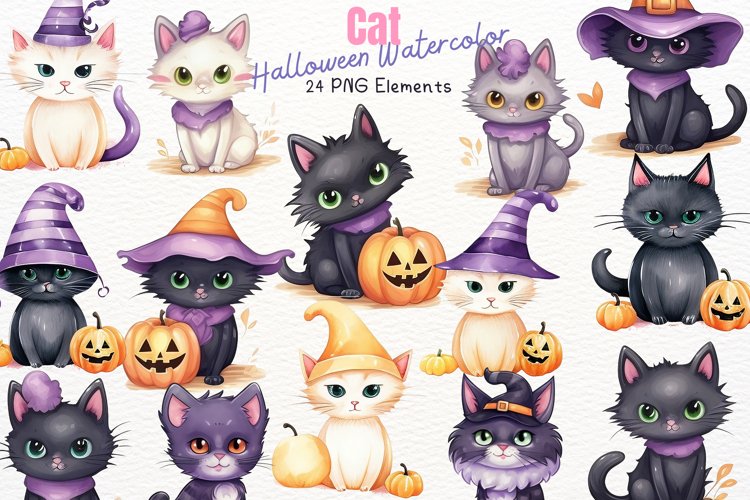 Cat Halloween Watercolor 24 Cliparts Ai Generated Art