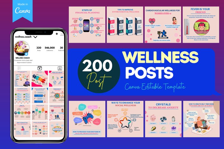200 Wellness Posts - Canva Editable Templates