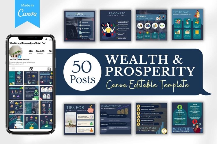 50 Wealth and Prosperity Posts - Canva Editable Templates