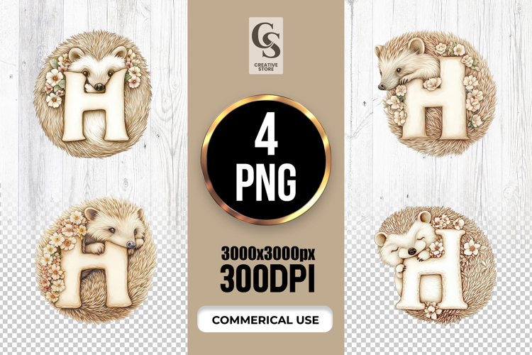 Floral Hedgehog Alphabet Letter H Clipart Sublimation PNG
