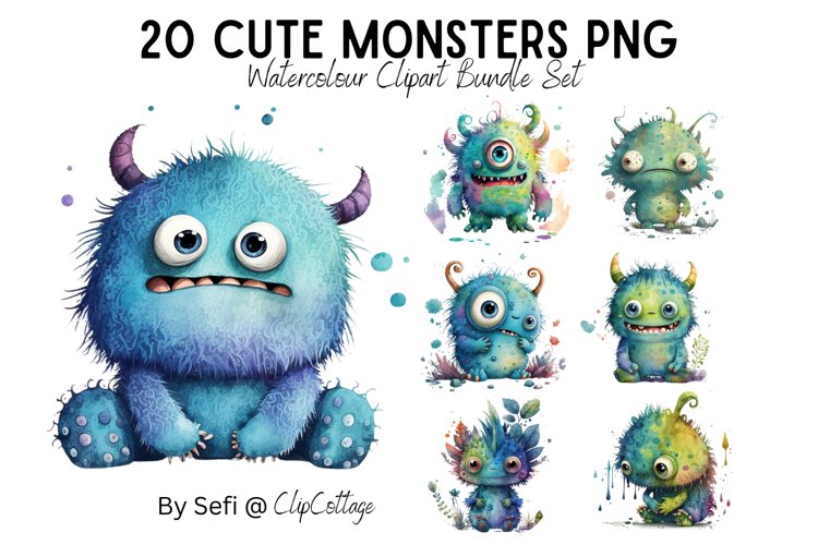20 Cute Monsters Watercolour Fantasy Clipart PNG Bundle Set