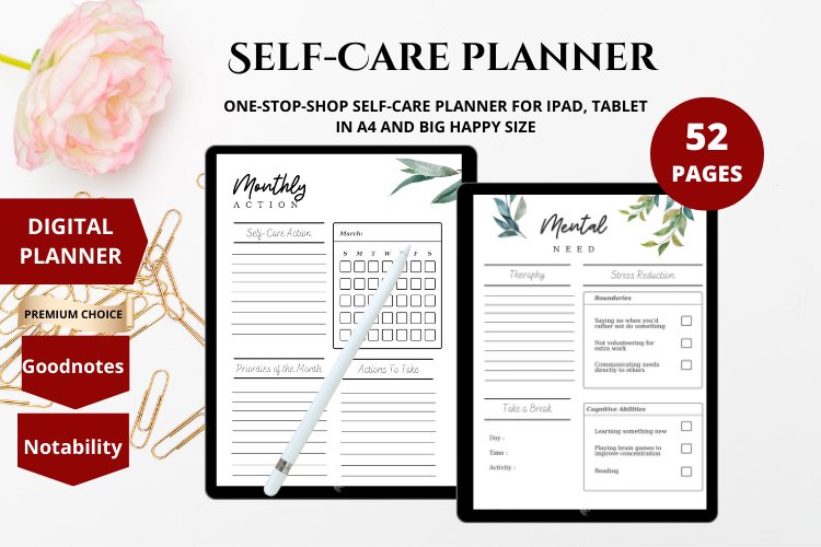 Digital Monthly Self-Care Planner, Daily Self Care Planner