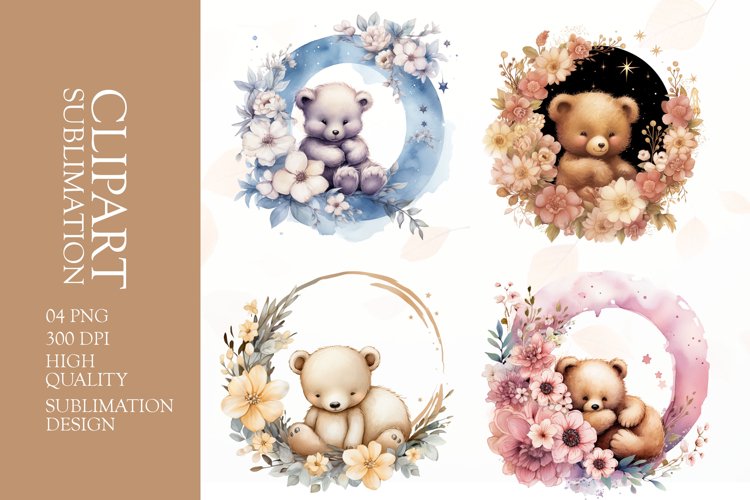 Watercolor floral bear clipart sublimation png