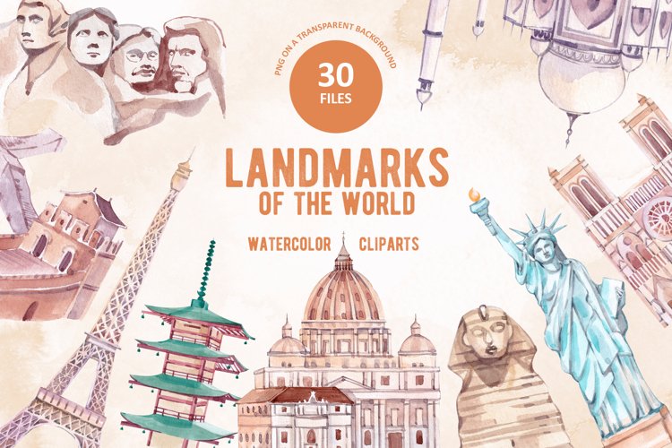 Landmarks of the world. Watercolor clipart