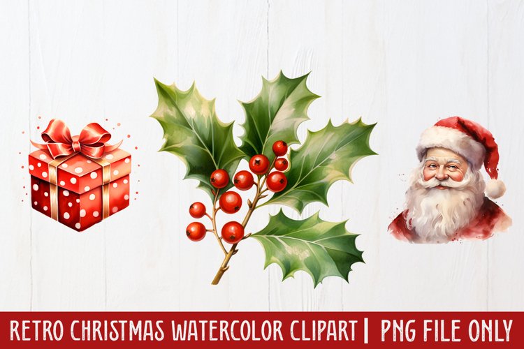 Retro Christmas Watercolor Clipart, Vintage Christmas PNG