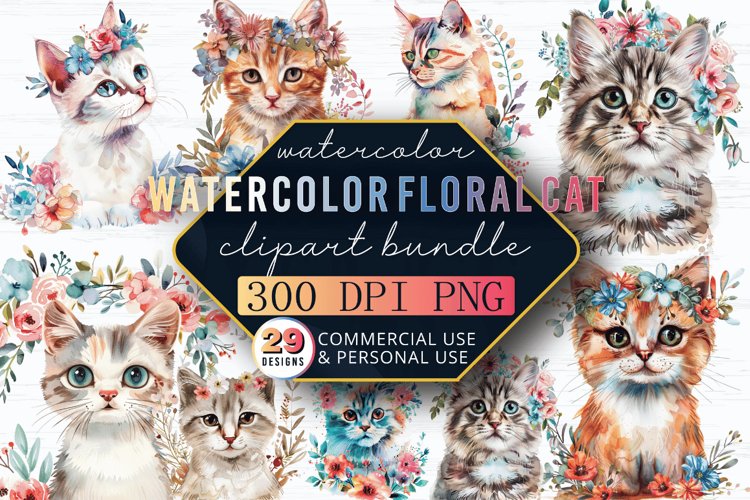 Watercolor Floral Cat Clipart Bundle, Animal PNG