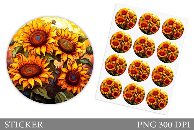 Sunflowers Sticker Design. Summer Round Sticker (3541655)