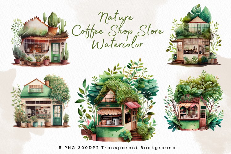 Nature Coffee Shop Store Watercolor