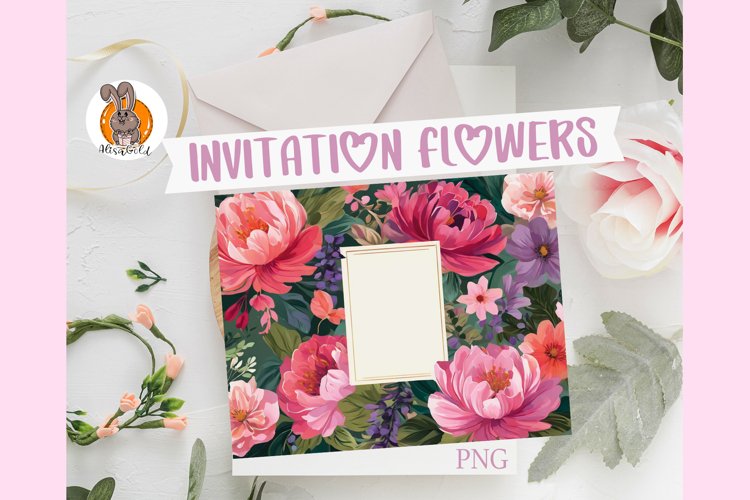 floral invitation, colorful flowers, frame