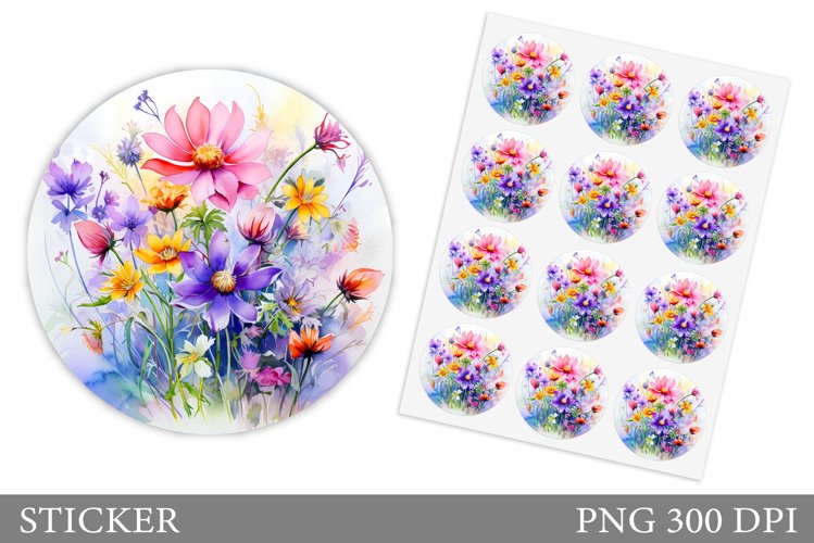 Wildflowers Sticker Design. Flowers Round Sticker (3359086)