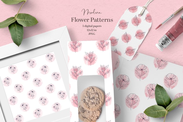 Modern watercolor and ink flower digital papers