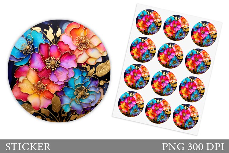 Flowers Sticker Design. Colorful Flowers Round (3511625)