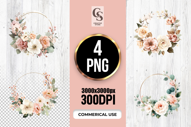 Blush Beige Floral Wreath Watercolor Clipart Sublimation PNG