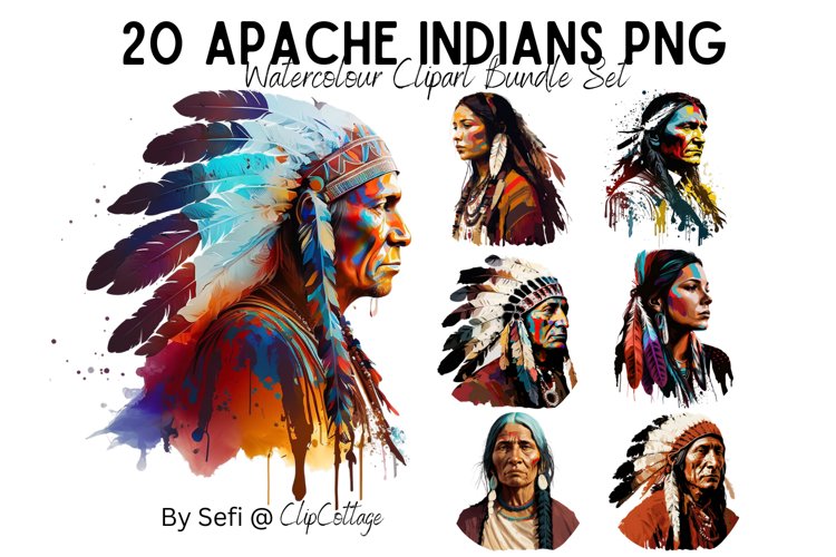 20 Apache Indians Watercolour Clipart Transparent PNG Bundle