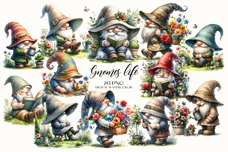 Watercolor Cute Gnome Clipart, Gnomes Life with Garden PNG