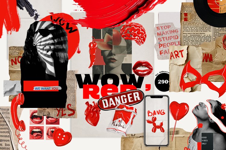 Red collage creator Cut out elements Mixed media set