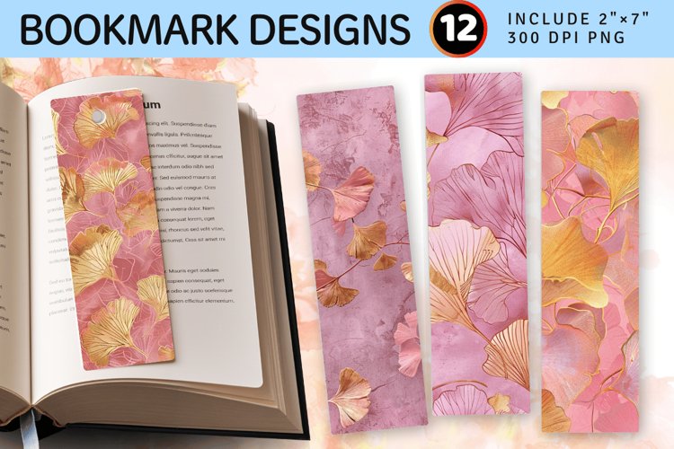Pink and Gold Ginkgo PNG Bookmark Sublimation Design