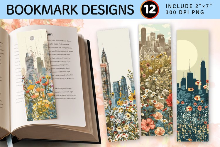 Vintage Cityscape Wildflowers PNG Bookmark Sublimation Desig