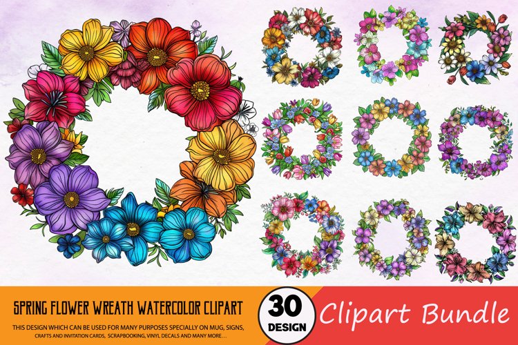Spring Flower Wreath Watercolor Clipart Bundle