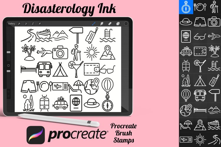 Vacation Holiday Icons Set 1 Procreate Brush Stamps, 30 Icon