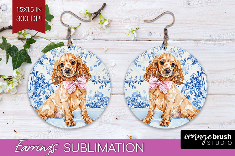 Cocker Spaniel Dog Round Earrings Blue Toile PNG Sublimation