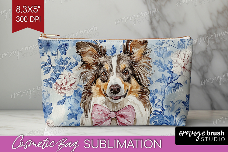 Collie Dog Cosmetic Bag Blue Toile Makeup Bag PNG