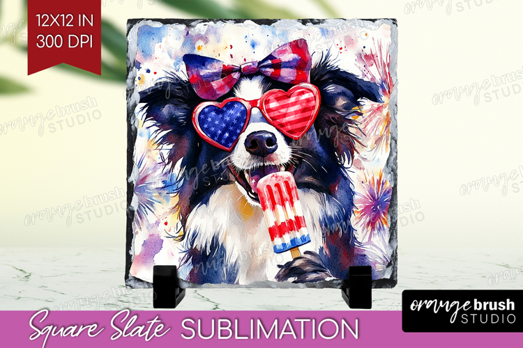Collie Dog Slate PNG 4th Of July Square Slate Sublimation