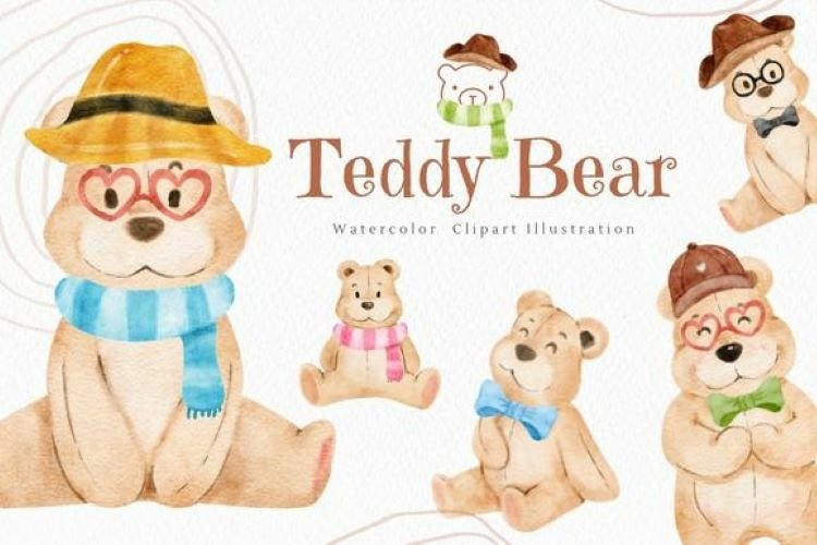 Cute Teddy Bear Watercolor Clipart