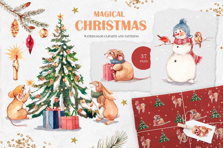 Magical Christmas. Watercolor cliparts and patterns
