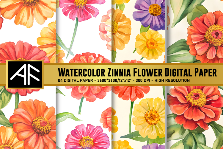 Watercolor Zinnia Flower Digital Paper