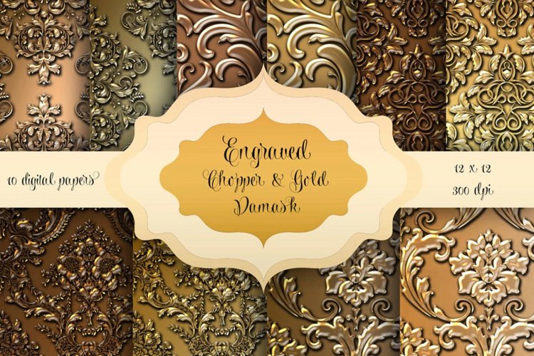 Engraved Copper & Gold Metal Damask Digital Paper