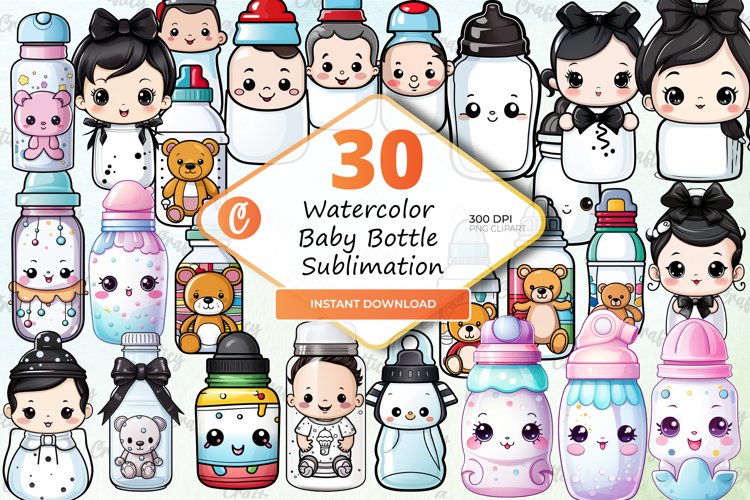 Watercolor Baby Bottle Sublimation Clipart Bundle